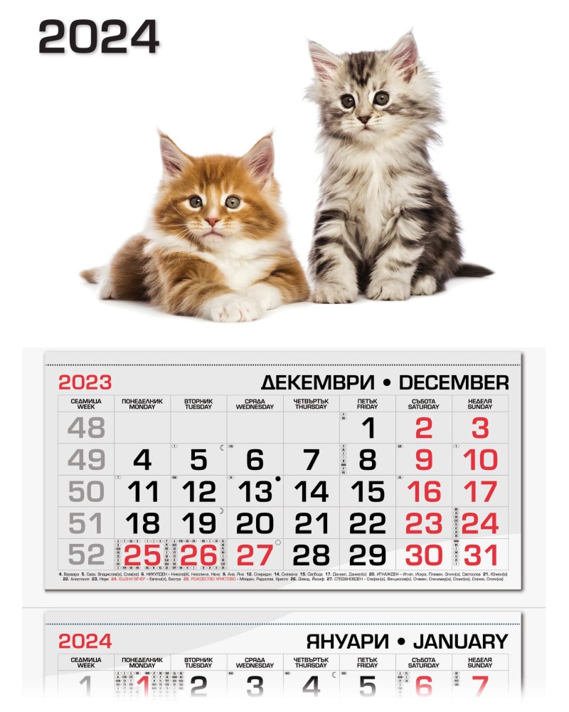 Трисекционен календар 2024 - Котенца - store.bg